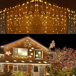 LED Icicle Lights, 640 LED Christmas Lights, 65.6ft 8 Modes Plug in Fairy String Lights with 120 Drops for Indoor Bedroom Outdoor Window, Christmas Party Decoration (Warm White)
