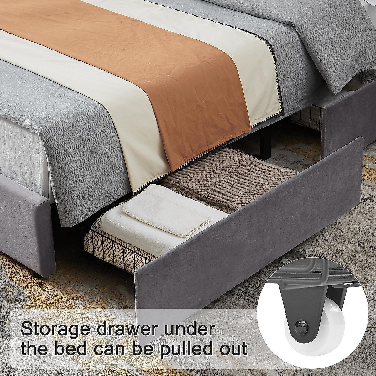 VECELO Queen Upholstered Bed Frame with 4 Storage Drawers and Adjustable Velvet Headboard, Heavy-Duty Platform bedframe, No Box Spring Needed, Grey