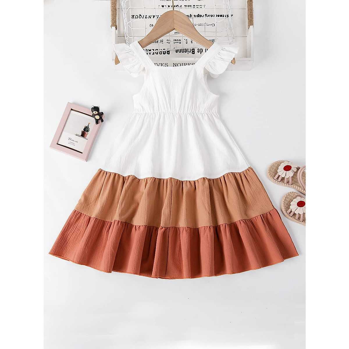 Verdusa Toddler Girl's Colorblock Ruffle Hem A Line Square Neck Sleeveless Mini Dress White Brown 120