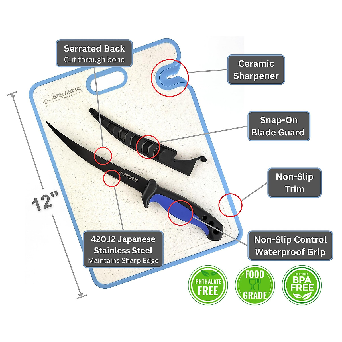 Pro 3-in-1 Set: 6.5” Fish Fillet/Boning Knife - 12” Non-slip Cutting Board - Ceramic Knife Sharpener