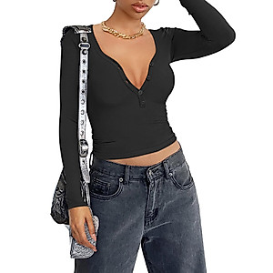 REORIA Women Fall Sexy Long Sleeve Henley T Shirts V Neck Button up Casual Basic Vintage Y2K Slim Fitted Ribbed Knit Tees Crop Tops Black Medium