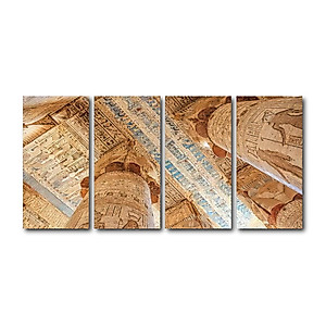 Wall Art Prints Paintings Stretched & Framed Beautiful interior of the Temple of Dendera or the Temple of Hathor Poster Home Living Room Decoration Ready to Hang 4 Panel Canvas Pictures