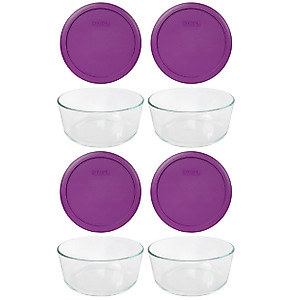 Pyrex (4 7203 Glass Bowls & (4) 7402-PC Thistle Purple Lids Made in the USA