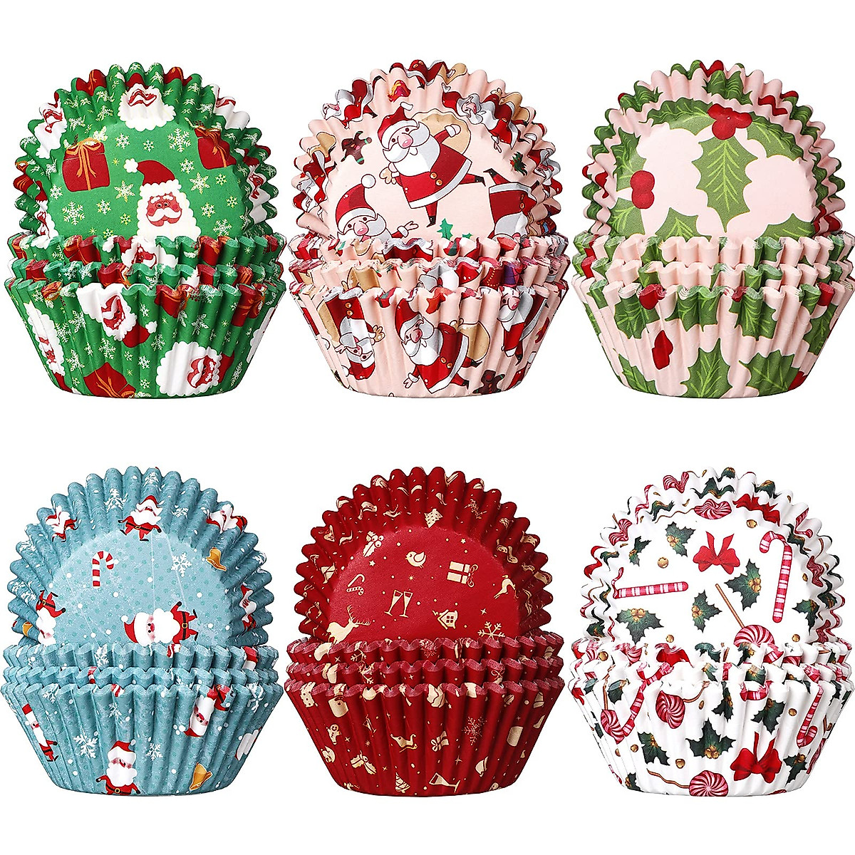 600 Pieces Christmas Cupcake Wrappers, Candy Santa Claus Cupcake Liners, Snowman Cupcake Cups, Xmas Colorful Paper Baking Cups for Cake Candy Make Baking Supplies, 6 Styles(Classic Styles)