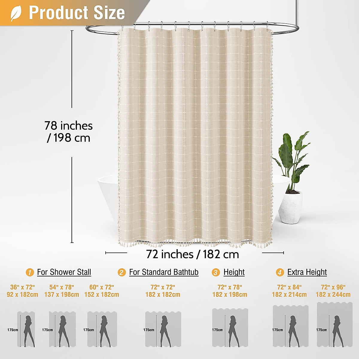 BTTN 78 Inch Long Shower Curtain - Boho Farmhouse Linen Ultra Thick Fabric Shower Curtain Set with Plastic Hooks, Tall Rustic Modern Country Neutral Shower Curtains for Bathroom - Cream/Beige - 72x78