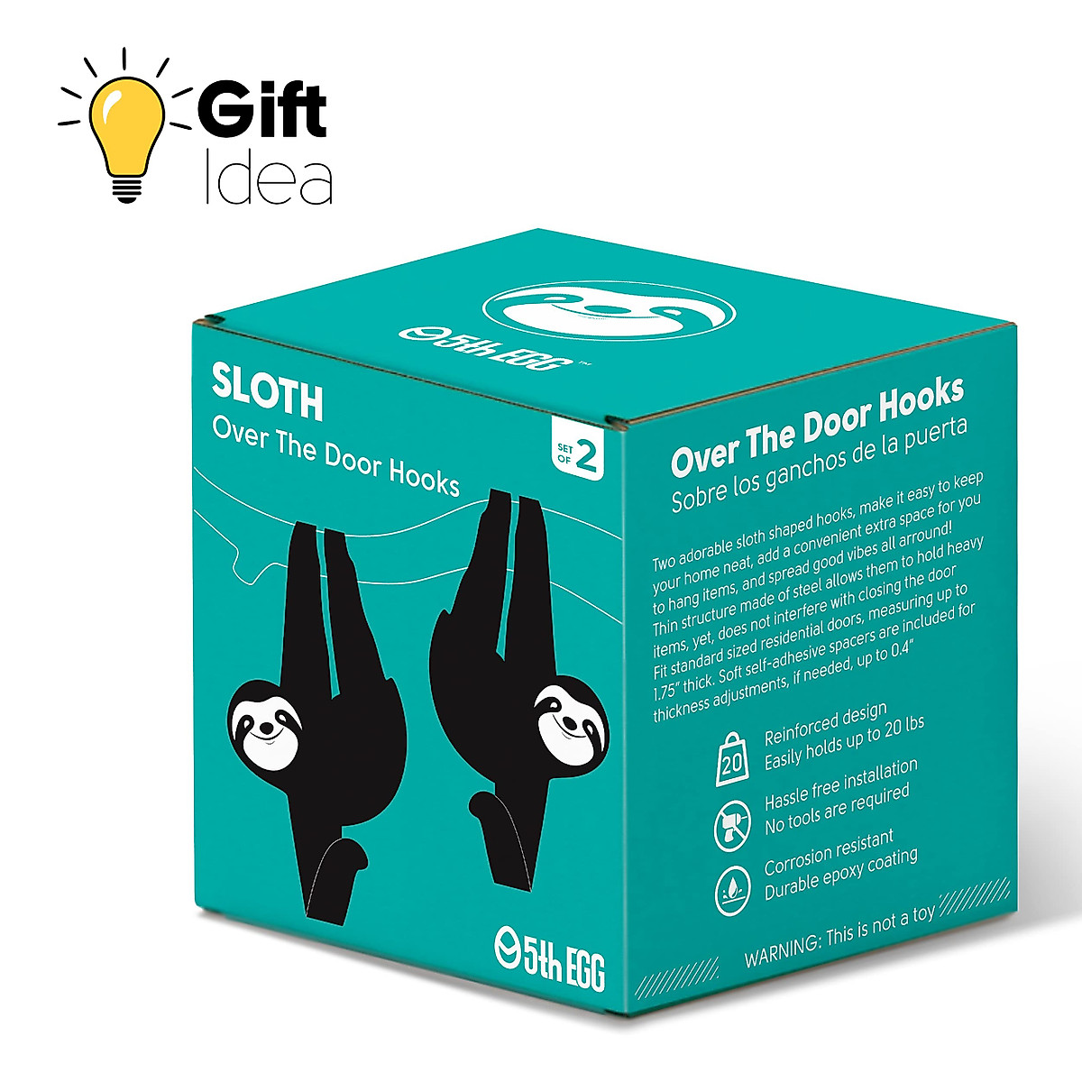 5th EGG Over The Door Hooks for Hanging Towels, Clothes, Coats & Robes for Bathroom and Bedroom Door Hanger Hook Heavy-Duty Metal, Black and White, Hanging Sloth Gift Idea (2-Pcs)