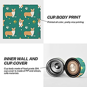 CaTaKu Small Water Bottle 12 oz, Green Corgi Footprint Insulated Water Bottle for Water Coffee Tea Stainless Steel Flask Thermos Bottle Reusable Wide Mouth Vacuum Travel Mug