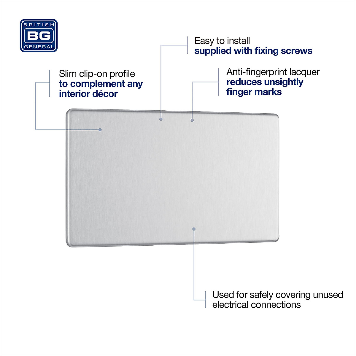 BG Flatplate Screwless 2 Gang Blank-Plate Brushed Steel