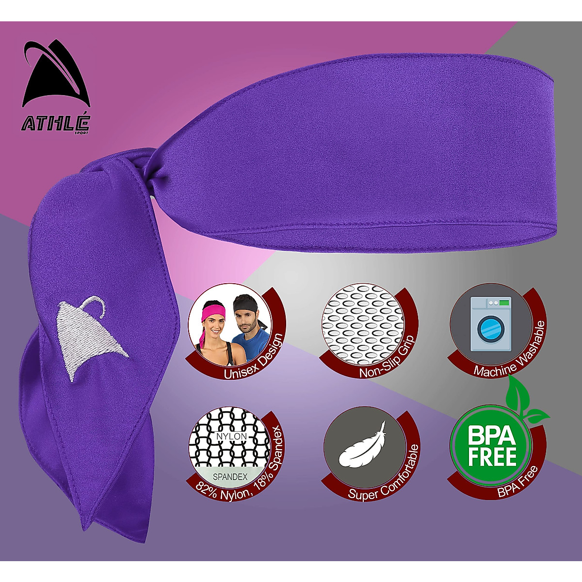 Athle Sport Headband - Sports Head Tie Headband for Women and Men - 3 Pack Workout and Running Headband - Sweatbands for Men and Women - Dri Fit Head Wrap - Purple