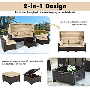TITIMO 6 Pieces Patio Furniture Set Outdoor Conversation Set Daybed with Retractable Canopy, Patio Sectional Rattan Sofa Set with Adjustable Backrest for Poolside Backyard (Beige) (Beige)