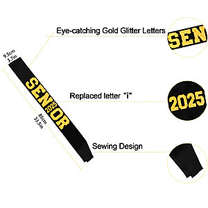 6Pcs Black Senior 2025 Satin Sashes with Gold Glitter Letters- 2025 Graduation Celebrations Sashes - Senior Cheer Sash - Cheerleader Sash - Class Competition Sashes