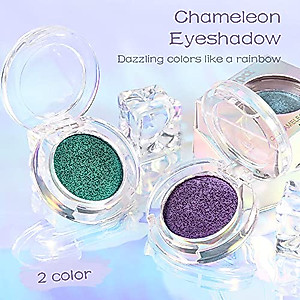 evpct 2Pcs Mermaid Duochrome Iridescent Eyeshadow Palette Bright Purple Emerald Green Blue Glitter Shimme Loose Eyeshadow Palette Pigments MultiChrome Chameleon Chrome Holographic Eyeshadow,2g,03&04