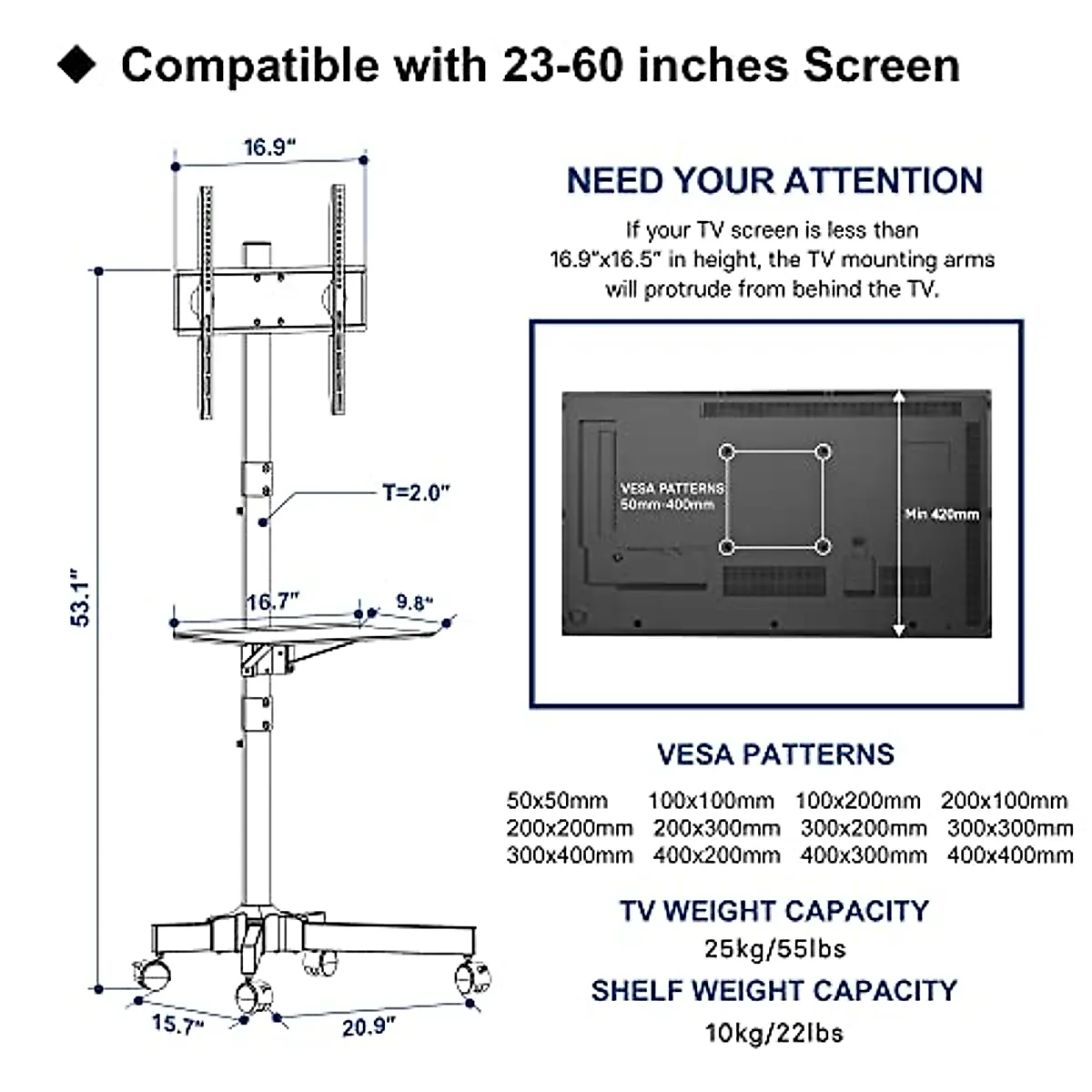Mobile TV Cart for 23-60 Inch LED LCD Flat Curved Panel Screens TVs, Rolling TV Stand with Wheels Holds Up to 55lbs, Height Adjustable Portable Floor Stand with Media Shelf Tray, Max VESA 400x400mm
