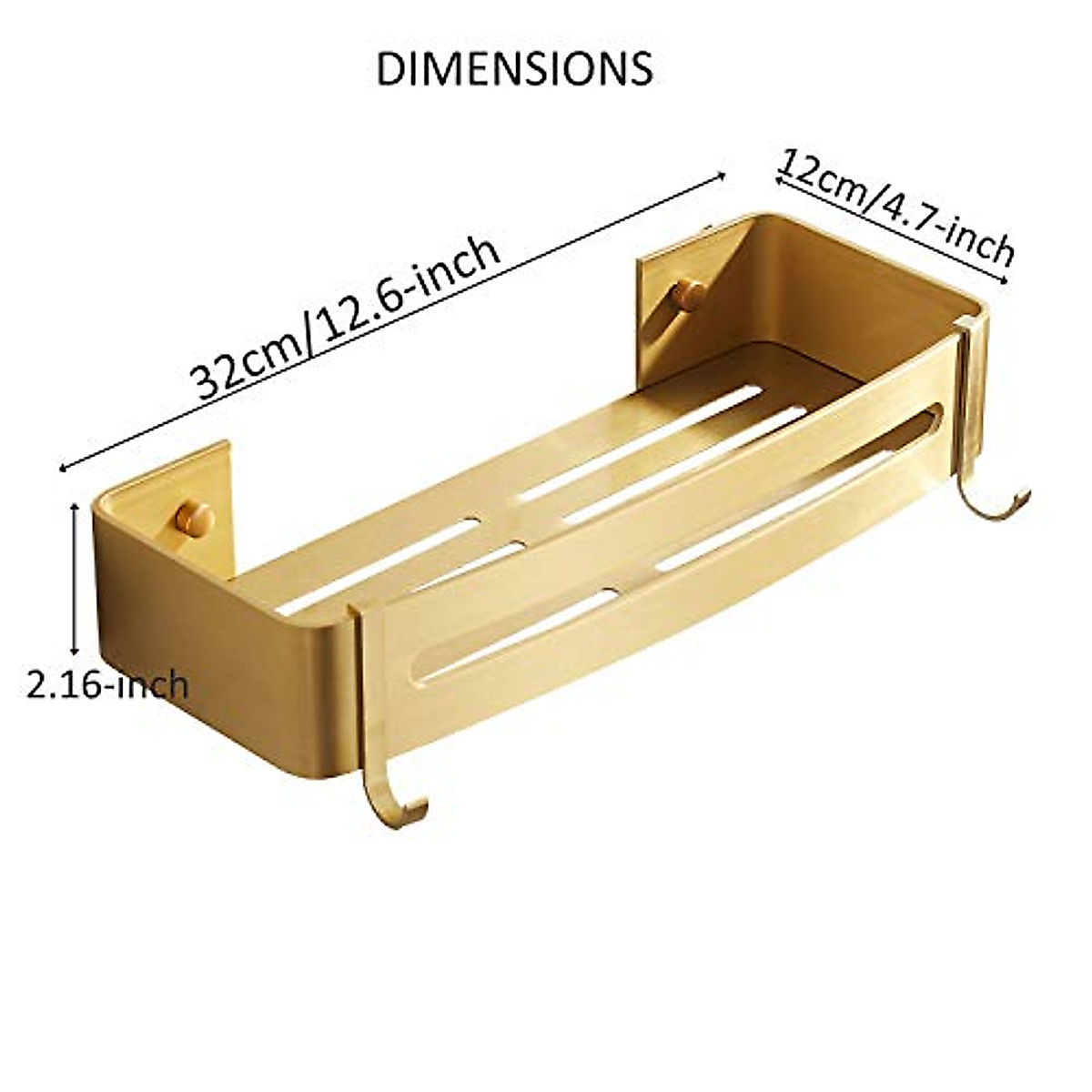 Brushed Gold Shower Shelf Adhesive or Drilling Shower Caddy Bathroom Cosmetic Shelf with Hooks