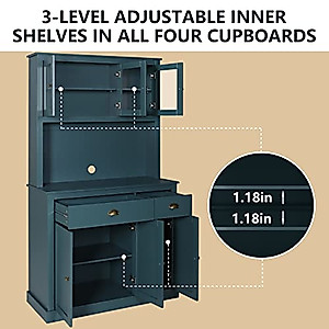 VEIKOU Pantry Buffet with Hutch,71" Kitchen Pantry Cabinets, Freestanding Storage Cabinet with Adjustable Shelves & Glass Doors, Tall Cupboard Pantry Cabinets with Coffee Countertop, Dark Teal