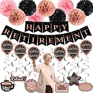 Retirement Decorations Women Rose Gold Happy Retirement Party Decorations Female (52pack) Happy Retirement Banner Gifts, Retirement Decor Double-Sided Pattern Card, Pompoms, Hanging Swirl Retired Sash