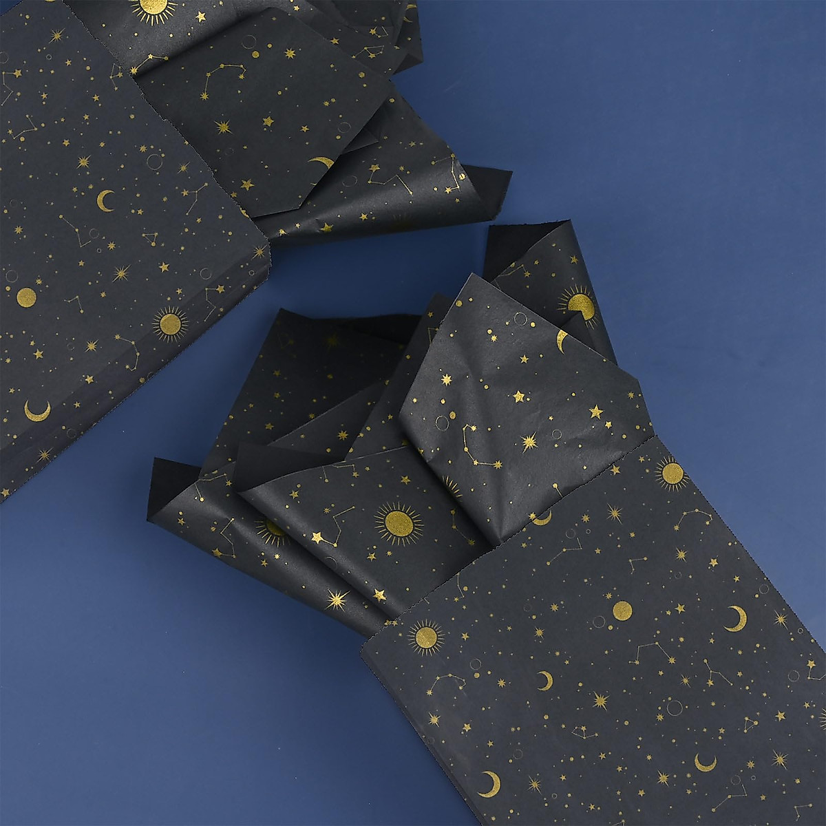 100 Sheets 20 * 14 Inches Galaxy Tissue Paper for Gift Wrapping, Black Gold Moon Star Printed Tissue Paper for Gift Bags for Birthday Christmas Baby Shower DIY Craft