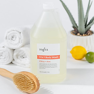 Zogics 3-in-1 Body Wash – Body Soap, Shampoo, and Hand Soap Liquid Refill All-in-One, Hydrating Plant-Based Formula, Refreshing Citrus + Aloe Scent (4 Gallons/Case)