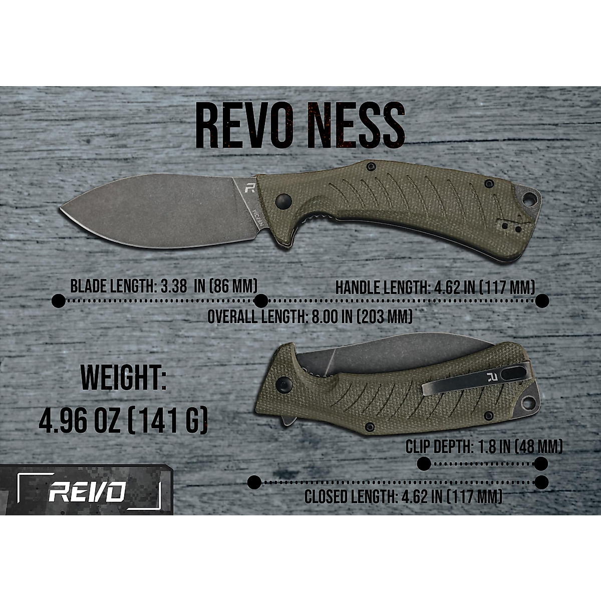 REVO Knives Ness Folding Pocket Knife; 3.375" 14C28N Stonewash Blade with Durable Micarta Handle; Flip Tab Open, Secure Liner lock, Reversible Pocket Clip, EDC Tactical Knife (Green)