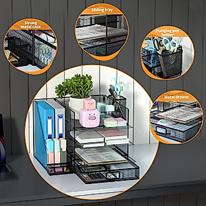 Desk Organizer, File Organizer for Desk with Vertical File Folder Holders, 4-Tier Paper Letter Tray with Sliding Drawer and Pen Holder, Desk Accessories & Workspace Organizers for Office School Home