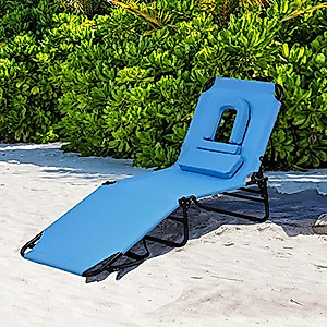 Tangkula Folding Chaise Lounge Chair with Hole for Face, Outdoor 5-Position Adjustable Reclining Beach Sunbathing Chair, Portable Face Down Tanning Chair for Patio Backyard Poolside Beach (1, Blue)
