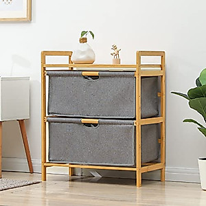 MoNiBloom 2 Tier Bamboo Clothes Drawer Rack Fabric Dresser Organizer Clothing Storage with Tabletop for Bedroom Bathroom Entryway Closet, Grey