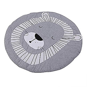 Cartoon Round Animal Pattern Play Rugs Soft Cotton Baby Toddler Play Mat Crawling Blanket for Baby Girl Boy Bedroom Decor (Gray Lion)