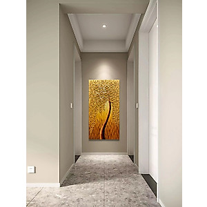 Yika Art, 3D Paintings Modern Abstract Oil Painting Hand Painted On Canvas Abstract Artwork Picture Wall Decoration for living room - Golden Lucky Tree Wall Art-24X48 Inch
