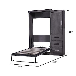 MOEO Twin Size Murphy Bed with Wardrobe and Drawers, Storage Bed, Can be Folded into a Cabinet, Wood Bedframe for Kids and Adults, Bedroom, Dorm, No Box Spring Required, Easy Assembly, Gray