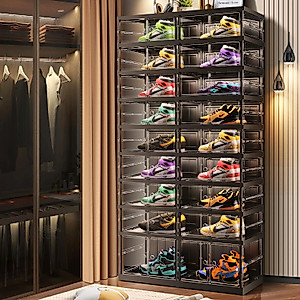 CIMLORD 9-Tier Foldable Shoe Rack for Closet Entryway 18-36Pairs,Stackable Clear Shoe Storage Boxes Organizer with Door Plastic Shoe Cabinet Bins with Lids Shoes Shelf Easy Assembly Large Black