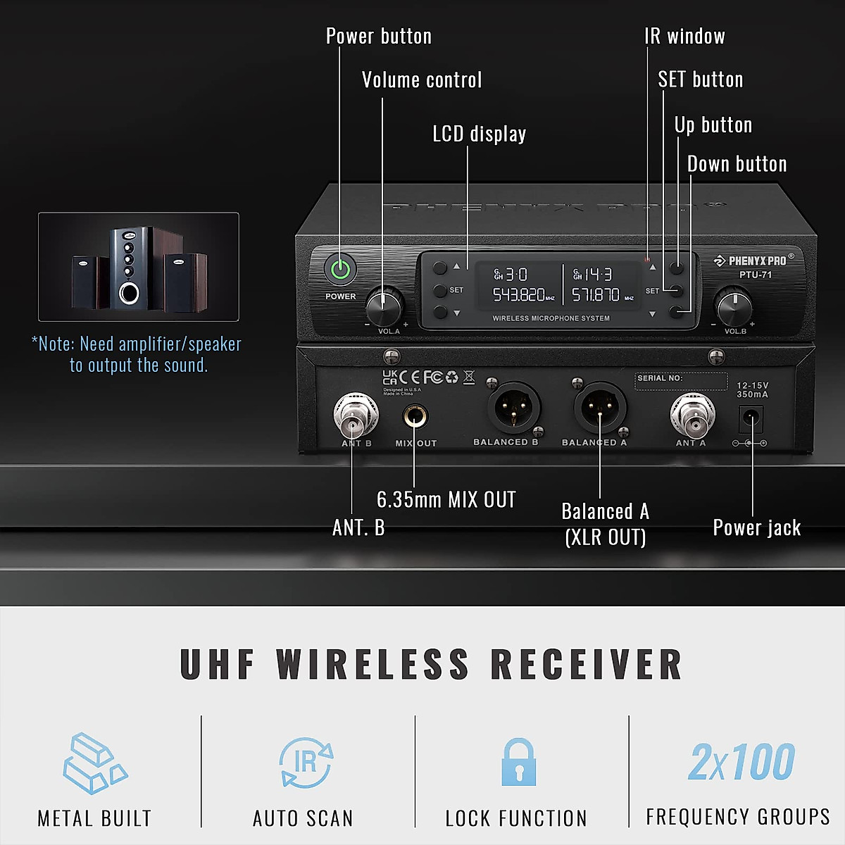 Phenyx Pro Wireless Microphone System Dual Wireless Mics,w/ 2 Handheld Dynamic Microphones, 2x100 Adjustable UHF Channels, Auto Scan,328ft Range,Microphone for Singing, Karaoke, Church(PTU-71-2H)