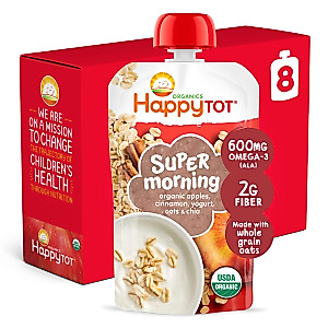 Happy Tot Organics Stage 4 Baby Food Pouches, Gluten Free, Super Morning Fruit & Oat Blend, Apple, Cinnamon, Yogurt, Oats & Chia, 4 Oz (Pack of 8)