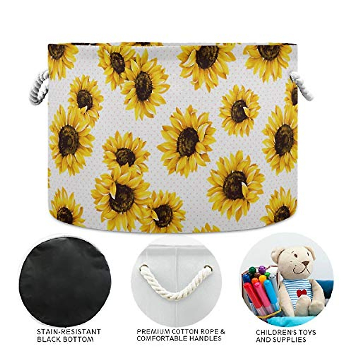 Sunflowers Toy Storage Basket for Nursery, Playroom, Kids, Dog Toys, Large Collapsible Fabric Organizer Bin for Living Room Home Office Apartment Laundry Room