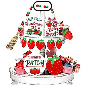 10 Pcs Summer Tiered Tray Decor Farmhouse Wood Tiered Tray Decor Lemon Watermelon Strawberry Sunflower Decor Kitchen Standing Sign Bead Garland Banner for Home Decor(Strawberry Theme)