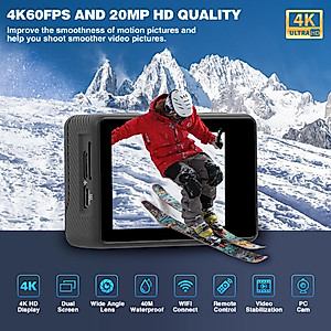 4K Action Camera, Sports Video Camera WiFi with Touch Screen Dual Screen 131FT Underwater Camera Waterproof, EIS 2.0, 170° Wide Angle, Zoom, 2 Batteries and Accessory Kits for Vlog