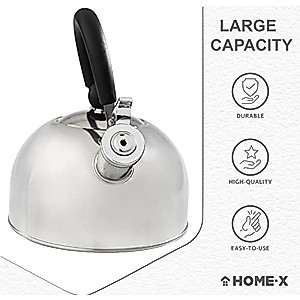 HOME-X Shiny Whistling Kettle, Stainless-Steel Stovetop Tea Kettle, Whistling Water Boiler, Large 2 Liter Capacity,8 ¾” L x 7" W x 8 ¼”, Polished Stainless-Steel