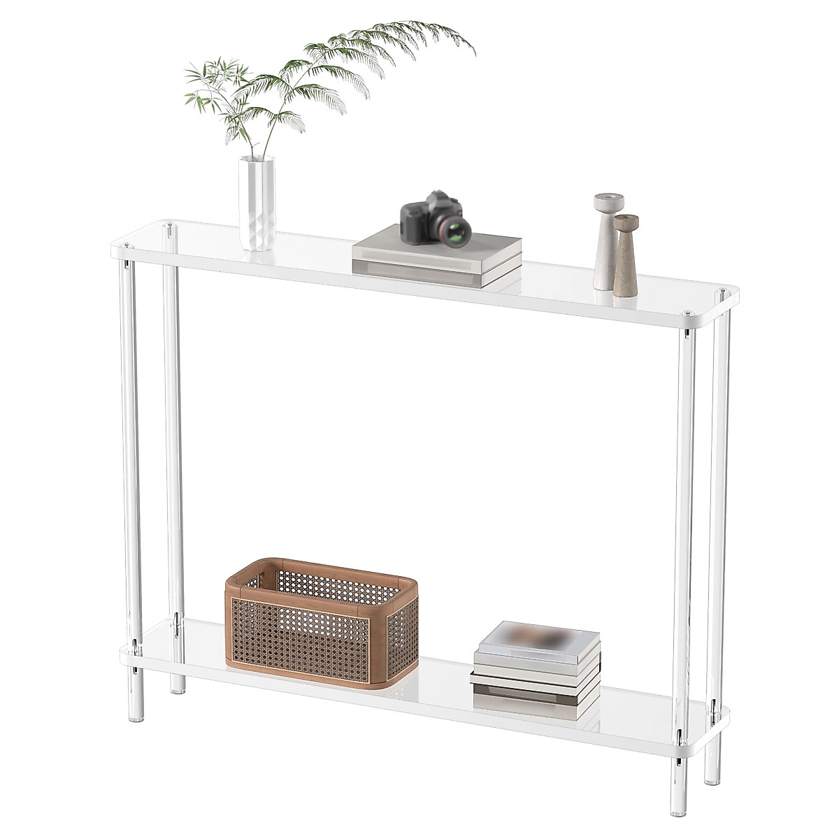 CRTERICX Acrylic Narrow Console Table for Entryway, 7.6" D x 39.4" W x 31.5" H, Cylindrical Legs, Skinny Entry Table for Sofa, Foyer, Hallway, Living Room, Modern, 2-Tier, Clear