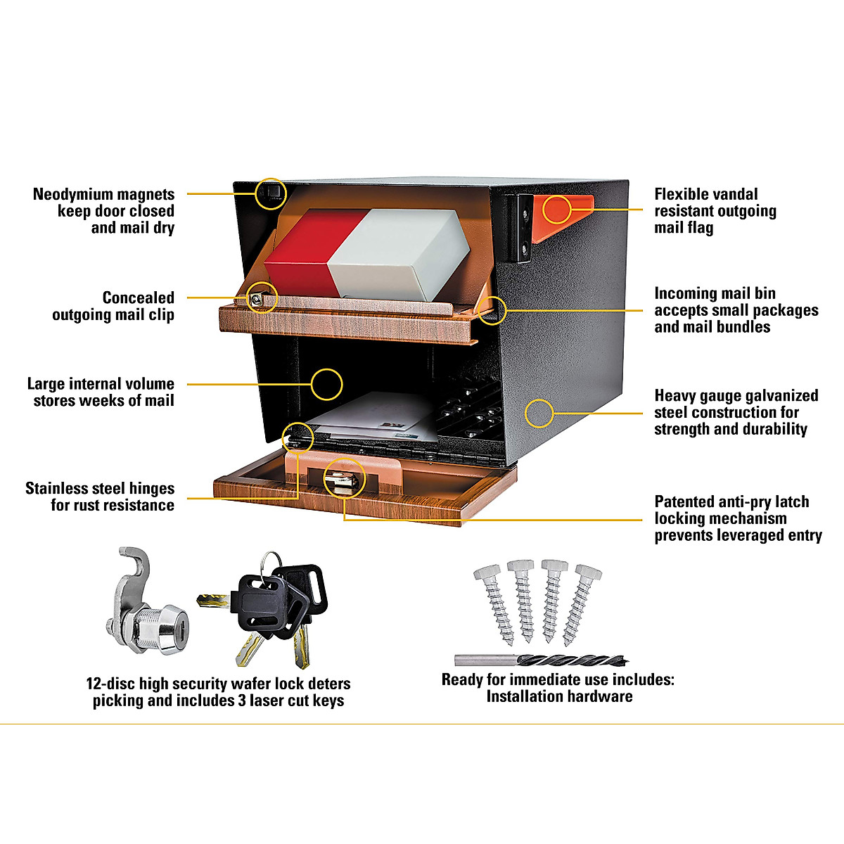 Mail Boss Curbside, Wood Grain 7510 Mail Manager Locking Security Mailbox , Black