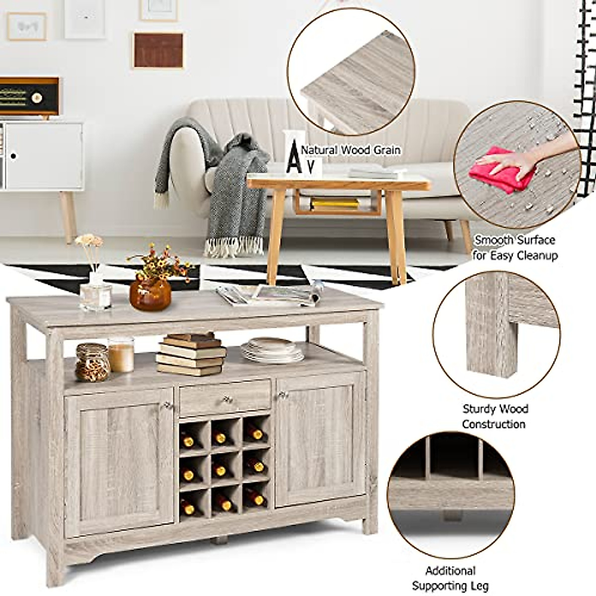 PETSITE Sideboard Buffet Cabinet with Storage, Wine Rack, Open Shelf, 2 Cabinets & Drawer, Wood Accent Coffee Bar Station Console Tables for Home Kitchen, Living Room, Entryway