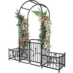 YITAHOME 87IN Garden Arbor with Gate, Metal Garden Arch with Side Planters, Arch Trellis for Garden