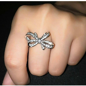 DCFSHEE Butterfly Sparkly CZ Rhinestone Cubic Zirconia Cocktail Ring Bow-Knot Knuckle Ring Wedding Promise Jewelry Ring for Women (US size 6)