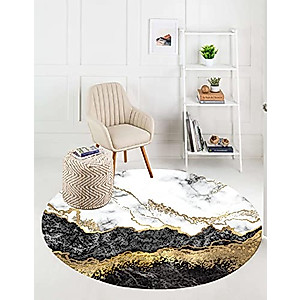 Black White Gold Marble Abstract Modern Round Area Rug for Living Room Bedroom Luxury Thick Washable Circular Carpet Under Dining Table Indoor Home Office Aesthetic Floor Rug 8ft