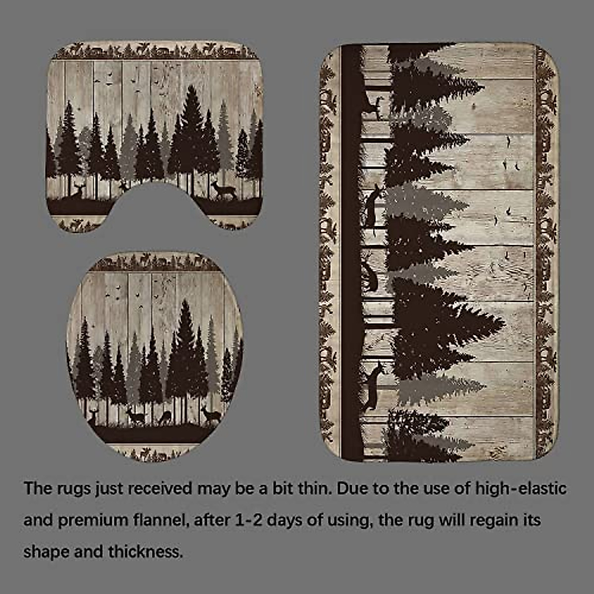 SKAILIÉ 4PCS Deer Shower Curtain Set, Moose Elk Bear Pine Tree Woodland Animal Wildlife Hunting Lodge Cabin Country Rustic Farmhouse Bathroom Decor, Waterproof Fabric Shower Curtain, Non-slip Bath Mat