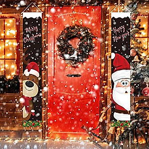 Christmas Front Porch Banner Merry Christmas Door Banner Outdoor Santa Clause Reindeer Xmas Hanging Sign for Outside Porch Wall Christmas Wall Decoration (Black)