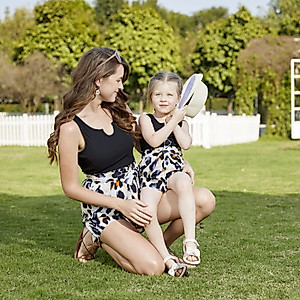 IFFEI Mommy and Me Matching Outfit Solid Splice Print Spaghetti Strap Top Shorts Set Black Womens Large