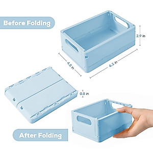 TRZZ 2-Pack Mini Pastel Crates Organizer Collapsible Plastic Storage Basket Small Crate Storage, Stackable Cute Bins for Office & Home Bedroom, Bathroom and Kitchen Storage Decor, Blue (6.5"4.8"2.9")