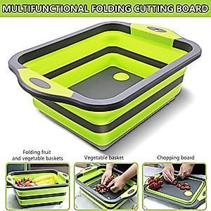 COMUSTER Collapsible Cutting Board - Portable Washing Veggies Fruits Food Grade Camping Sink (4.25 Gal) Space Saving 3 in 1 Multifunction Storage Basket for BBQ Prep/Picnic/Camping (Green)