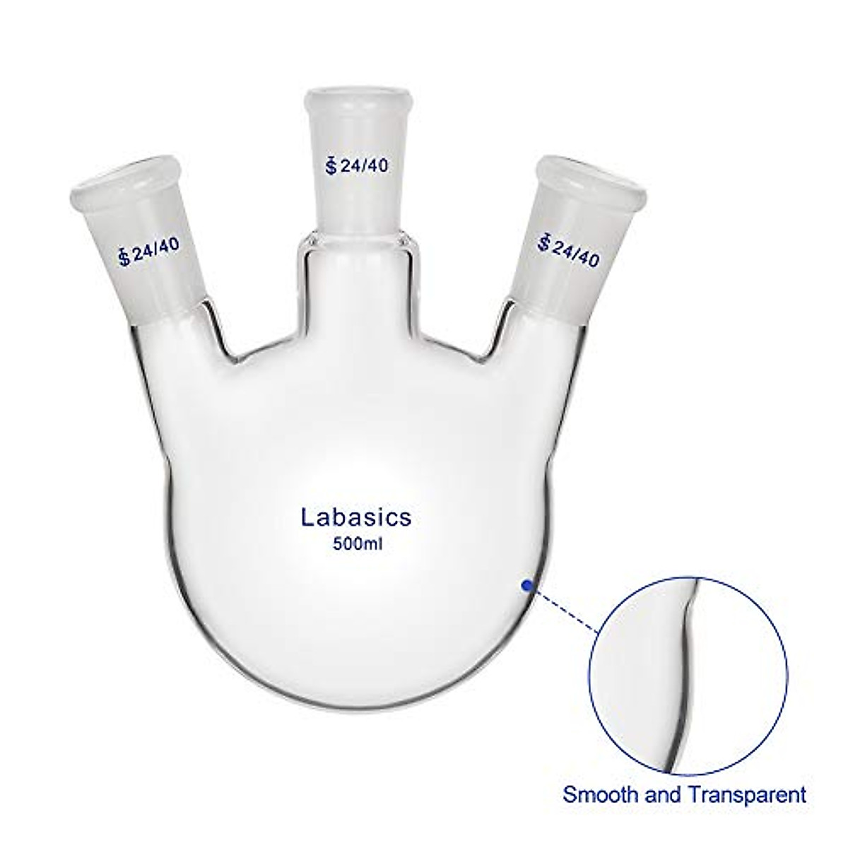 Labasics Glass 500ml 3 Neck Round Bottom Flask RBF, with 24/40 Center and Side Standard Taper Outer Joint, 500ml
