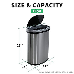 FFBag Kitchen Trash Can with Lid, 13 Gallon/50 Liter Automatic Sensor Touch Free Garbage Can Durable Touchless Stainless Steel Brushed Waste Bin for Bathroom Bedroom Home Office, Silver