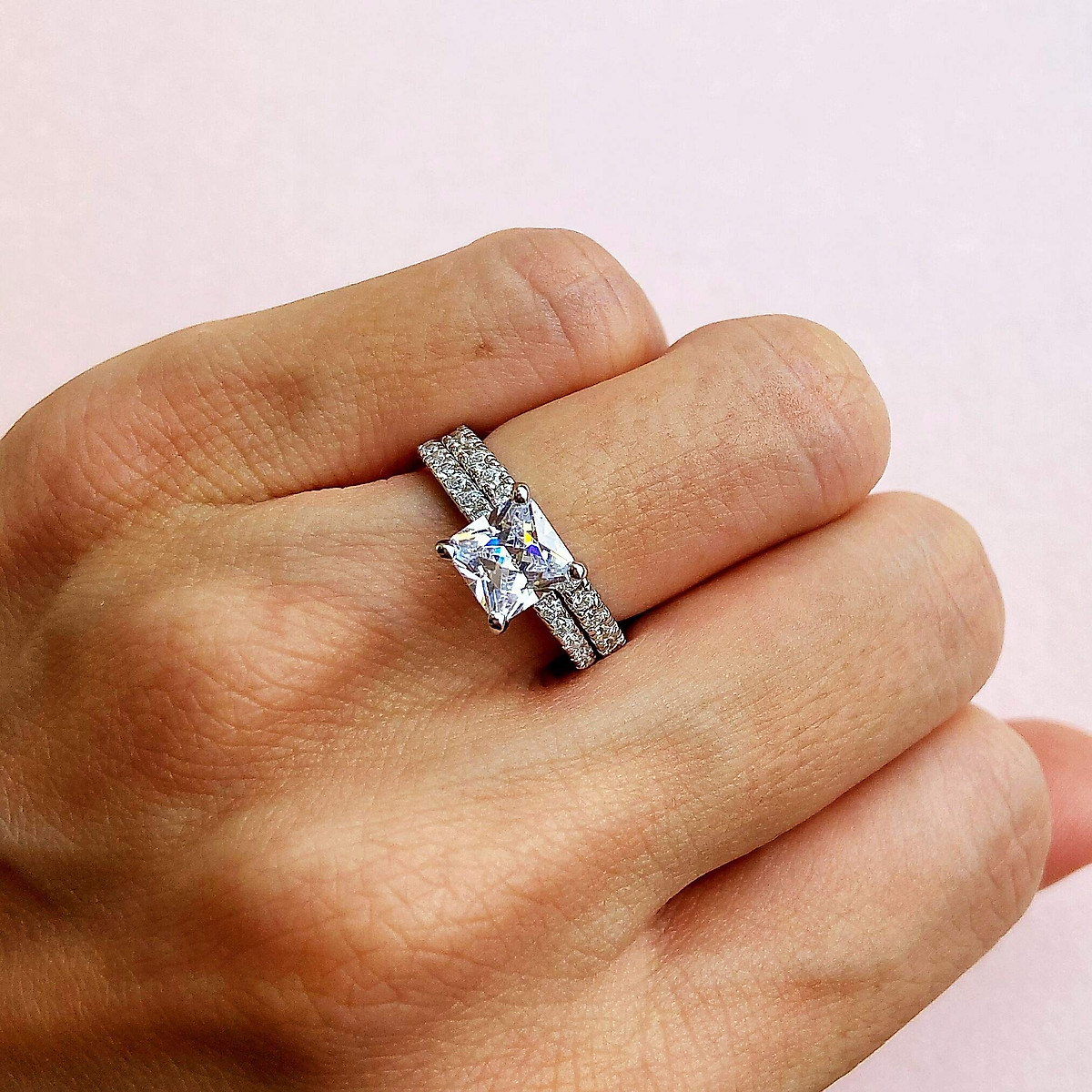 Sterling Silver 1.25 Ct (6x6mm) Princess-Cut Wedding Ring Set Square Accented Solitaire Engagement Ring (Silver, 6)